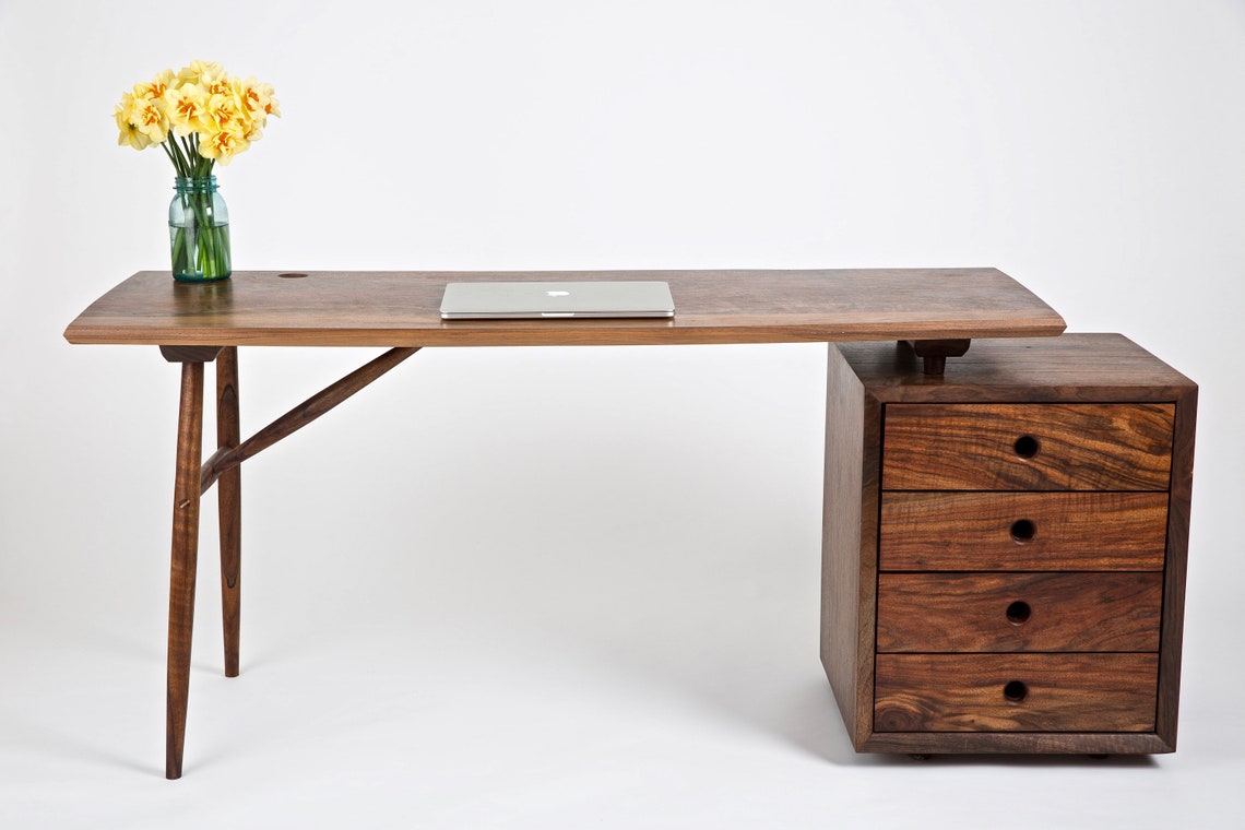 Mid Century Modern Desk Solid Wood Writing Desk With Storage - Etsy