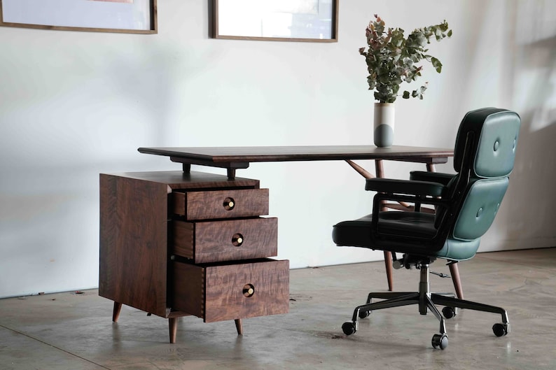 Mid Century Modern Desk Solid Wood Writing Desk With Storage - Etsy