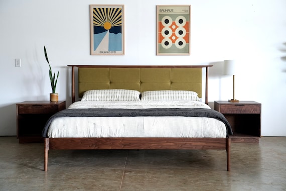Mid Century Modern Upholstered Headboard Platform Bed Storage Bed Optional Solid Walnut Maple Cherry White Oak Bed Frame Pendleton Wool Etsy
