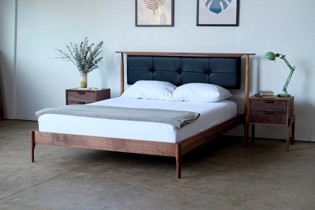 Mid Century Modern Walnut Bed Solid Walnut Bedrame Leather Headboard ...