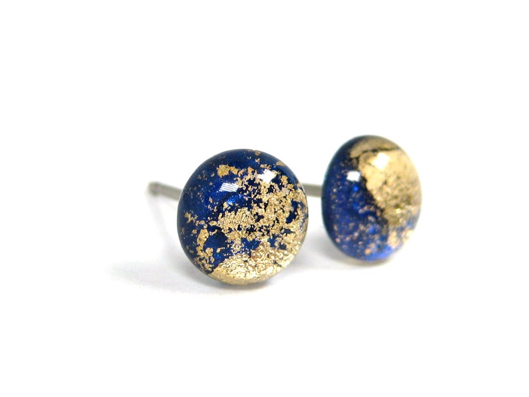 Azure Blue Gold Dust Titanium Stud Earrings | Hypoallergenic Pure ...