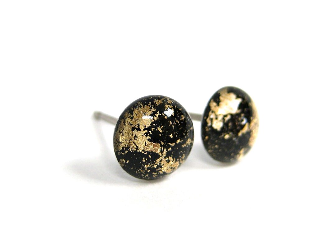 Jet Black Gold Dust Titanium Stud Earrings | Hypoallergenic Pure ...