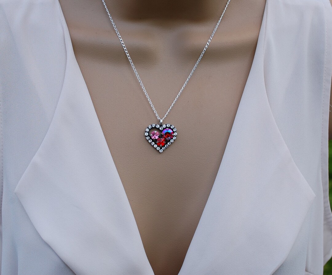 Swarovski Crystal Heart Pendant Necklace on Sterling Silver Chain. Reds ...