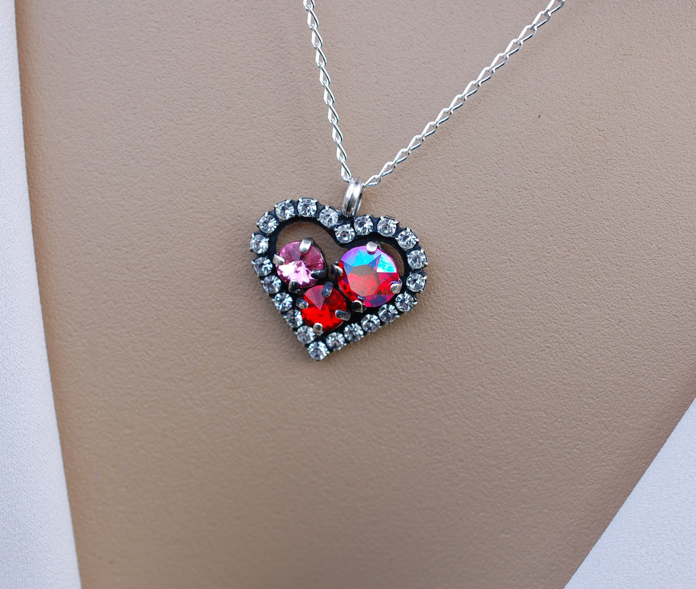 Swarovski Crystal Heart Pendant Necklace on Sterling Silver Chain. Reds ...