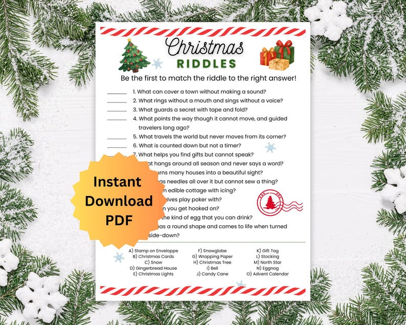 Christmas Riddle Game Holiday Party Activity Printable Puzzle Festive ...