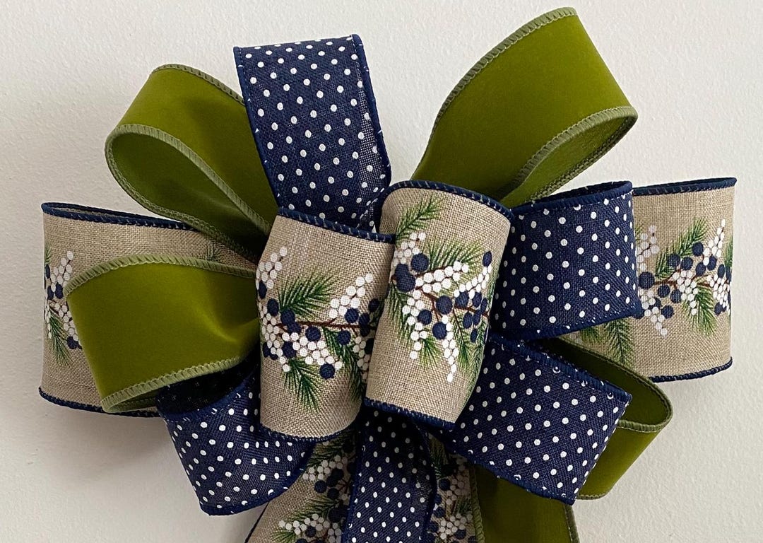 Winter Natural Bow With Blue and White Berries, Navy and White Polka ...