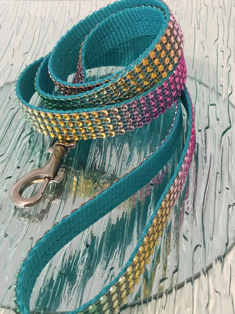 Rainbow Bling Dog Leash, Teal Blue Nylon, Elegant Diamanté - Etsy