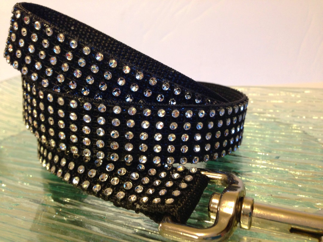 Silver Sparkling Faux Rhinestone Dog Leash, Black Nylon, Diamanté Bling ...