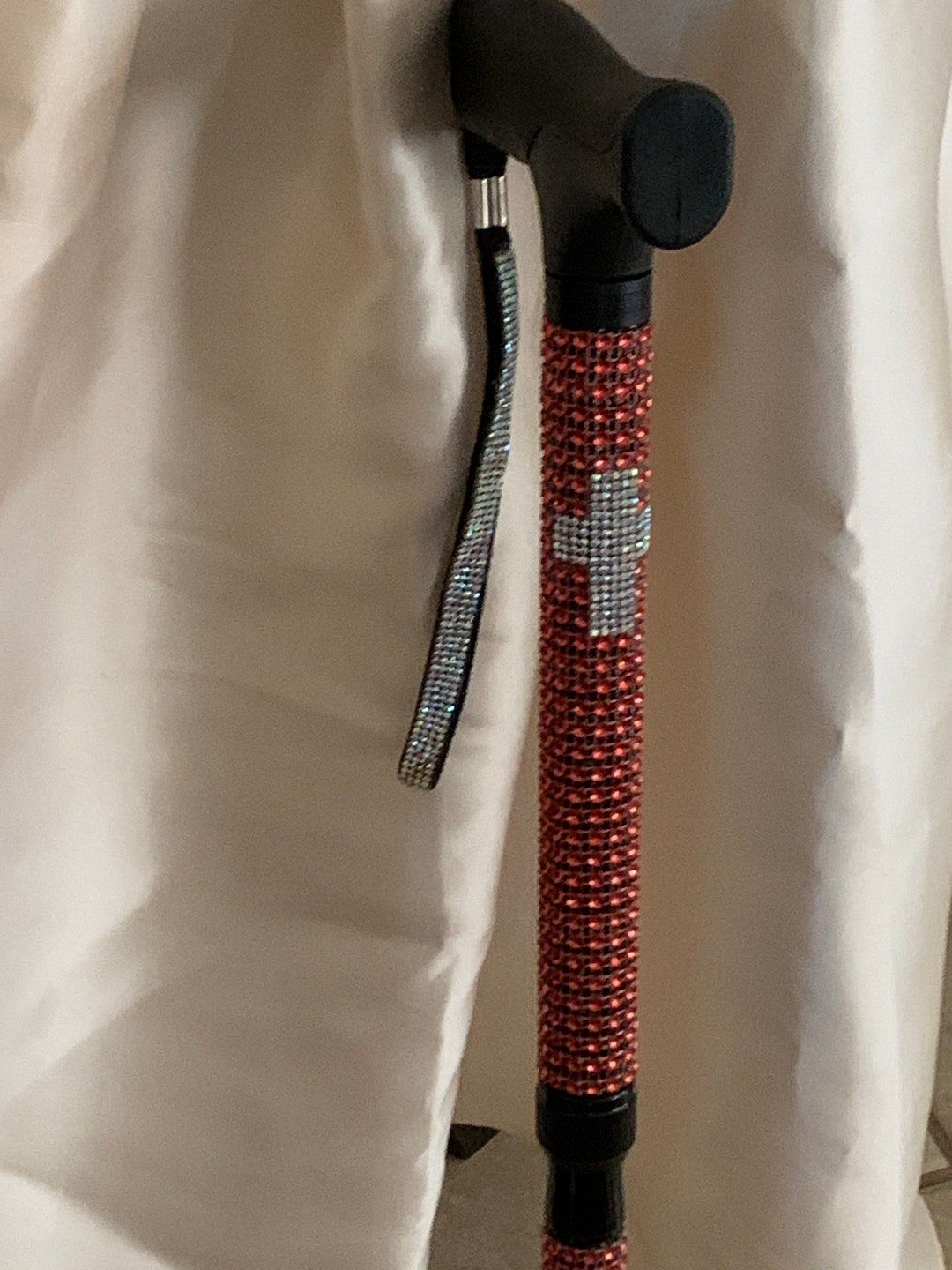 Religious Red FOLDING Cane With a Diamond Cross. Real Glass Rhinestones ...