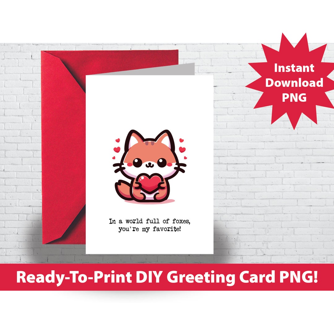 Fox Valentine's Day Greeting Card Gift- Printable PNG File Instant ...