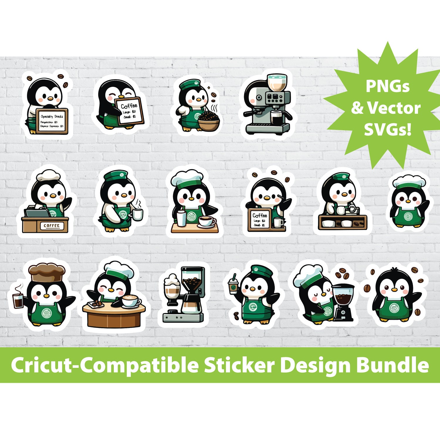 Cricut Print & Cut Sticker Design Set: Barista Coffee Shop Penguins ...