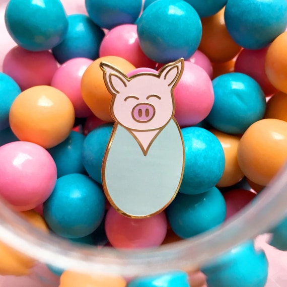 Pink pig pin pig in a blanket pin cute enamel pin pig | Etsy