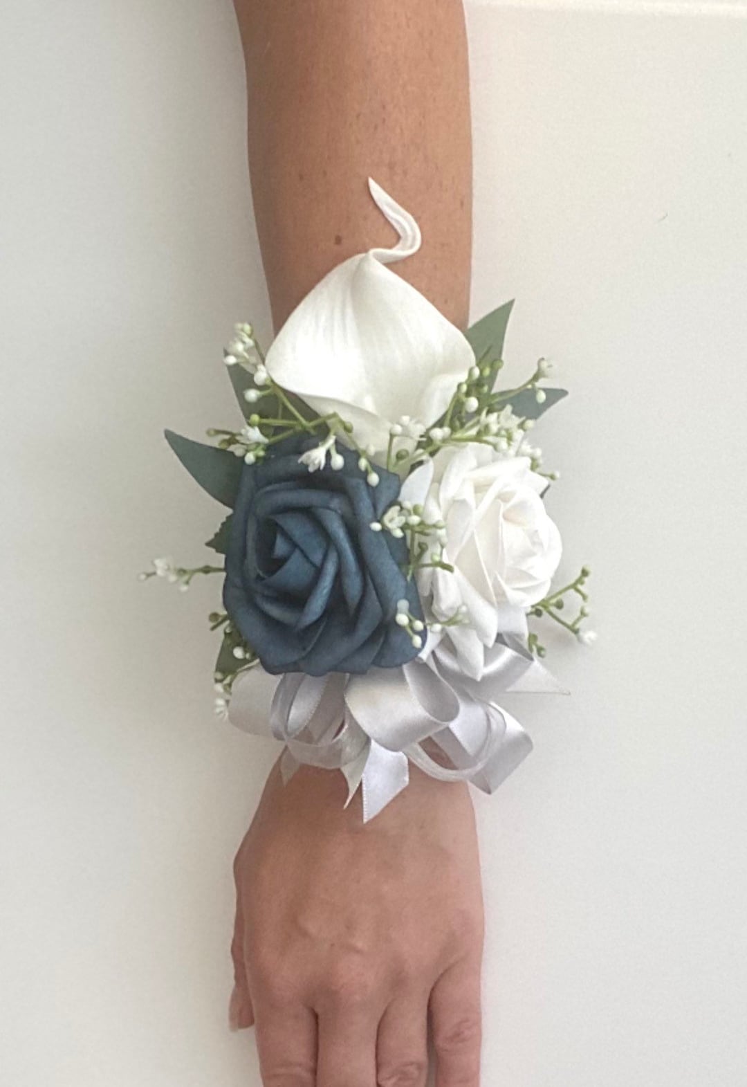 Steel Blue Wrist Corsage, Blue and Silver Corsage, Navy Calla Lily ...