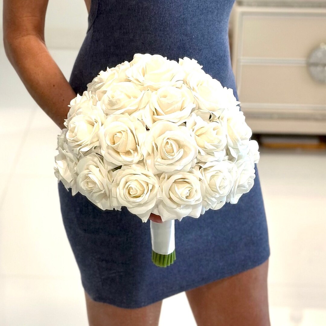 Ivory Rose Bouquet, Faux Rose Bridal Bouquet, Cream Rose Bouquet, Ivory ...