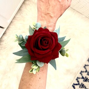 Burgundy Rose Corsage, Deep Red Silk Rose Wrist Corsage, Red Rose ...