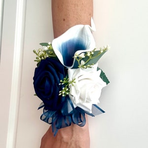 Navy Blue Wrist Corsage, Navy Corsage, Navy Calla Lily Corsage, Pin ...