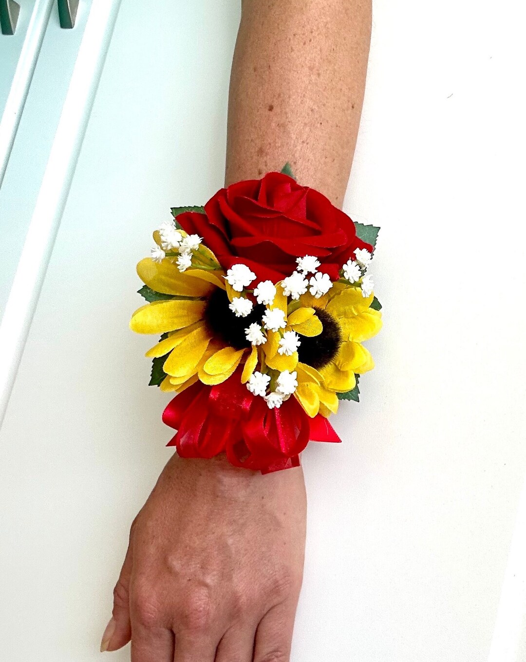 Sunflower Corsage, Red Rose Corsage, Sunflower Corsage, Wrist Corsage ...