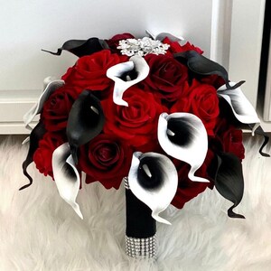 Black and Red Bouquet, Black Brooch Bouquet, Black and White Cascading ...