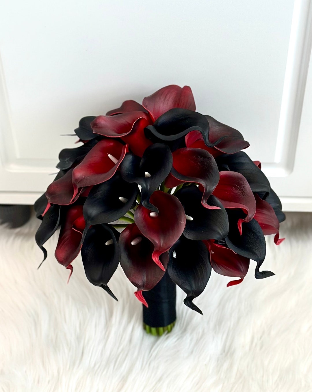 Deep Red Calla Lily Bouquet, Black Brooch Bouquet, Black and Red Calla ...