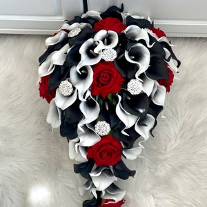 Black and Red Bouquet, Black Brooch Bouquet, Black and White Cascading ...
