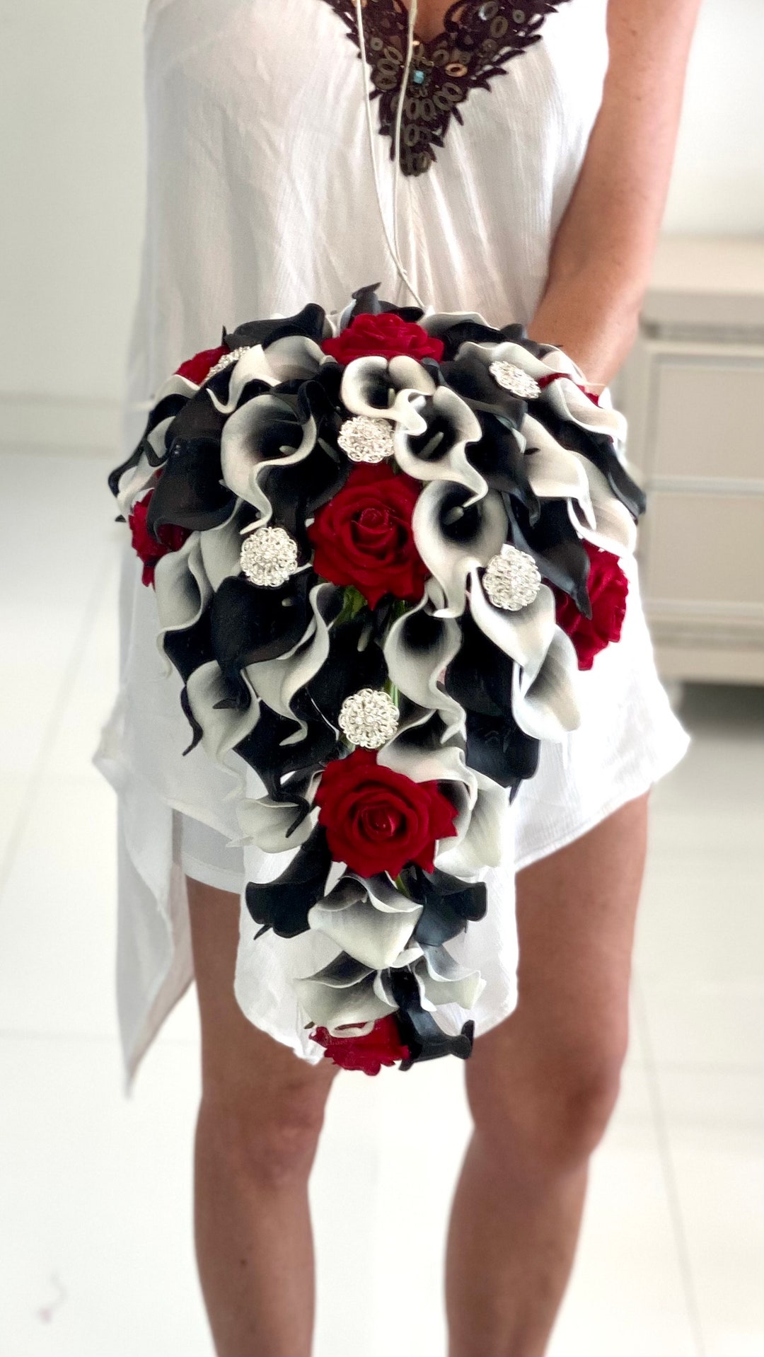 Black and Red Bouquet, Black Brooch Bouquet, Black and White Cascading ...