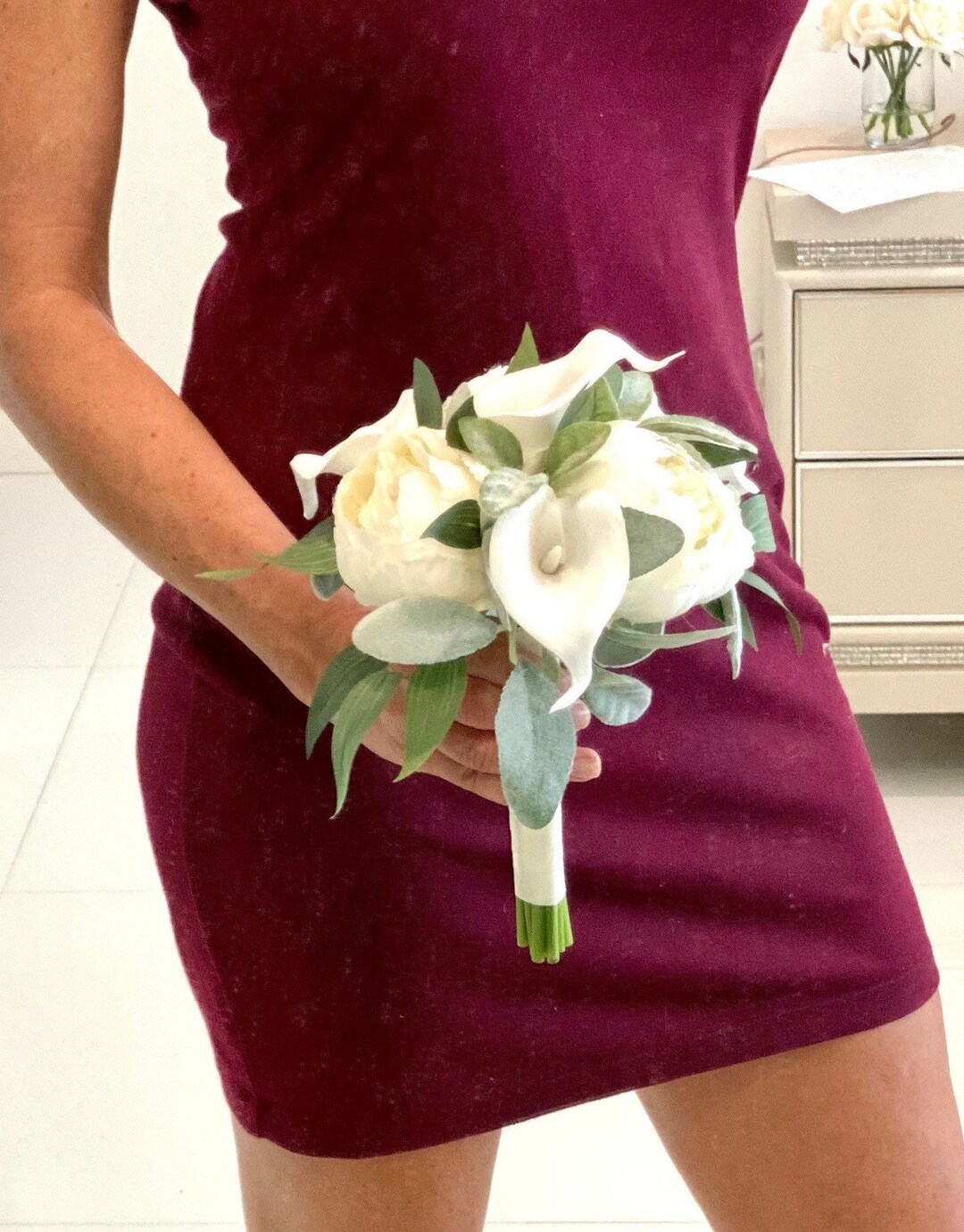 6 Ivory Peony Bouquet, Ivory Toss Bouquet, Silk Peony Bouquet, White ...