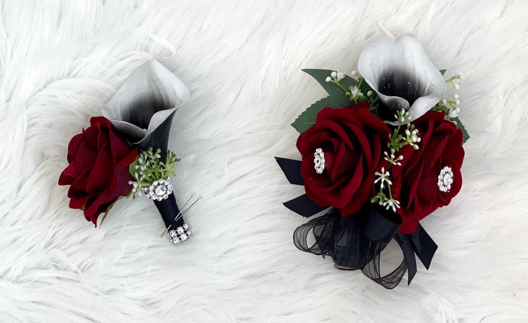 Set: Black and Burgundy Boutonnière, Black and White Calla Lily ...