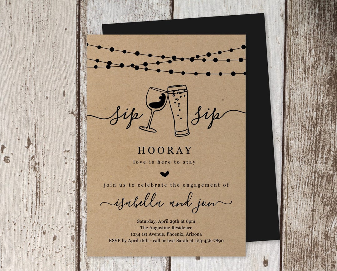 Sip Sip Hooray Engagement Party Invitation Template, Printable Rustic ...