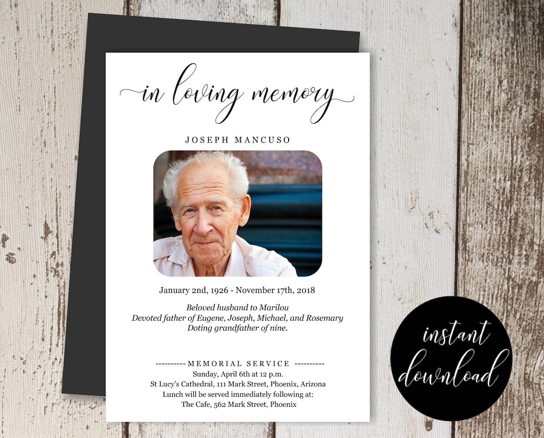 Funeral Announcement Template - Printable Memorial Service, Mass ...