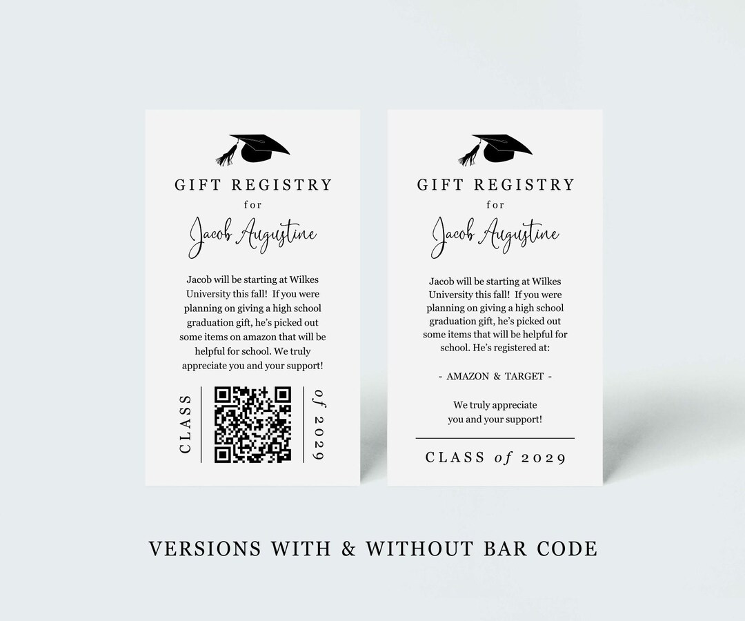 Graduation Gift Registry Card W- QR Code Template, Printable Graduation ...