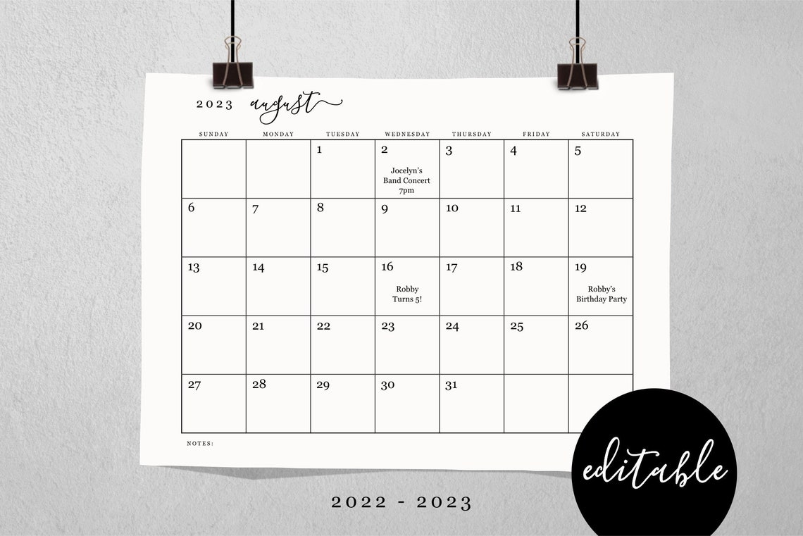Editable Monthly Calendar Template Printable 2022 and 2023 - Etsy