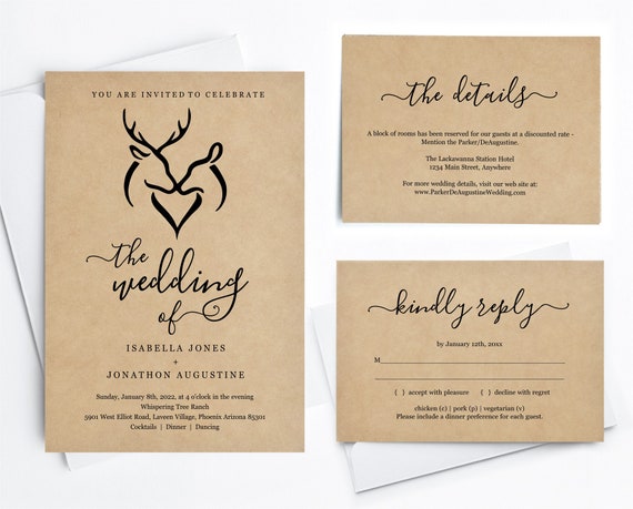 Printable Antlers Wedding Invitation Rustic Deer Antler Wedding
