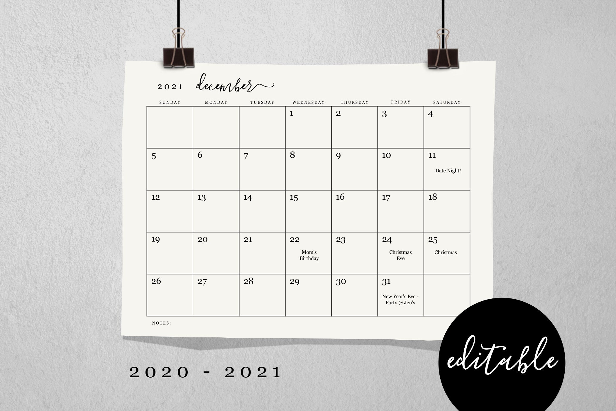Editable Monthly Calendar Template Printable 2019 and 2020 | Etsy