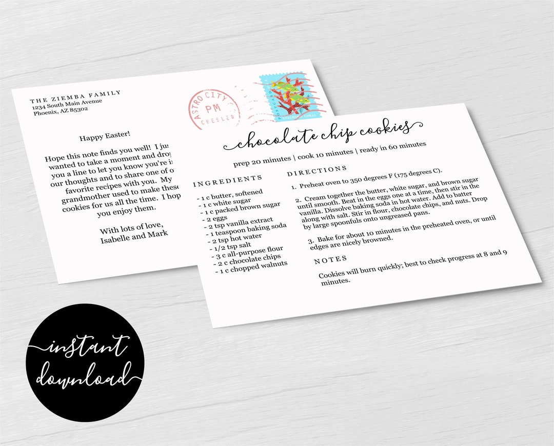 Editable Recipe Card Postcard Template Printable Recipe Card by Mail ...