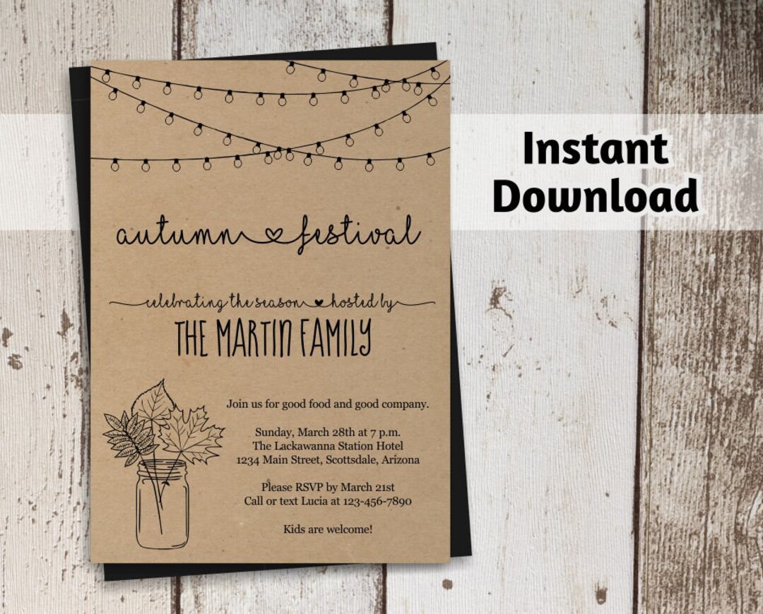 Printable Fall Party Invitation Template Rustic Autumn Festival, Leaves ...