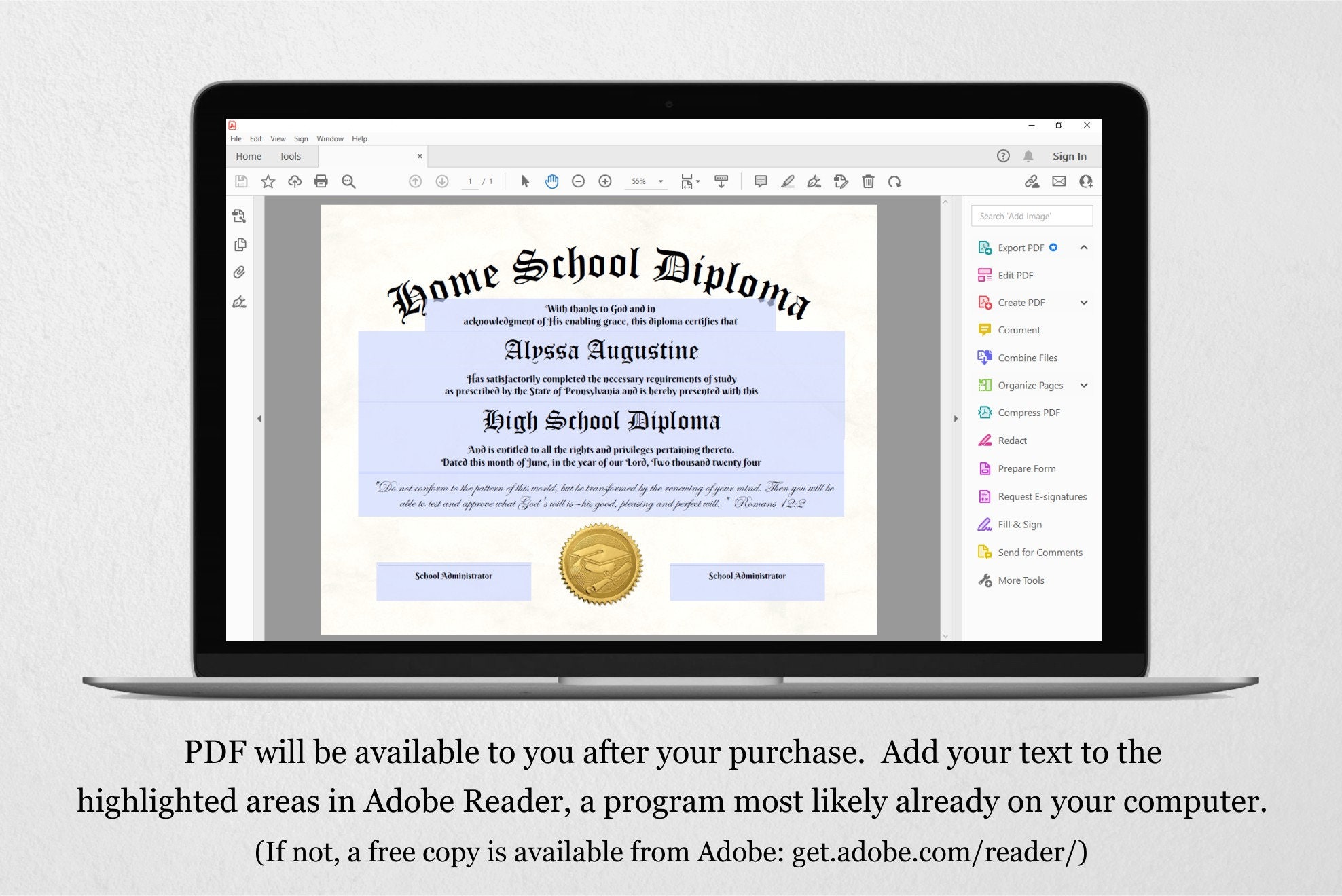 Religious Homeschool Diploma with Gold Seal, Printable Home School High ...