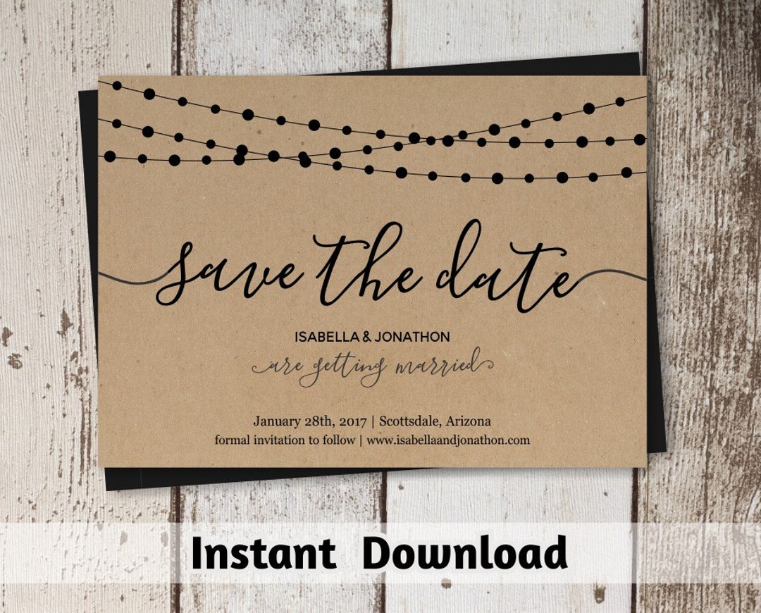Simple Save the Date Card Printable Template - Rustic String Lights ...