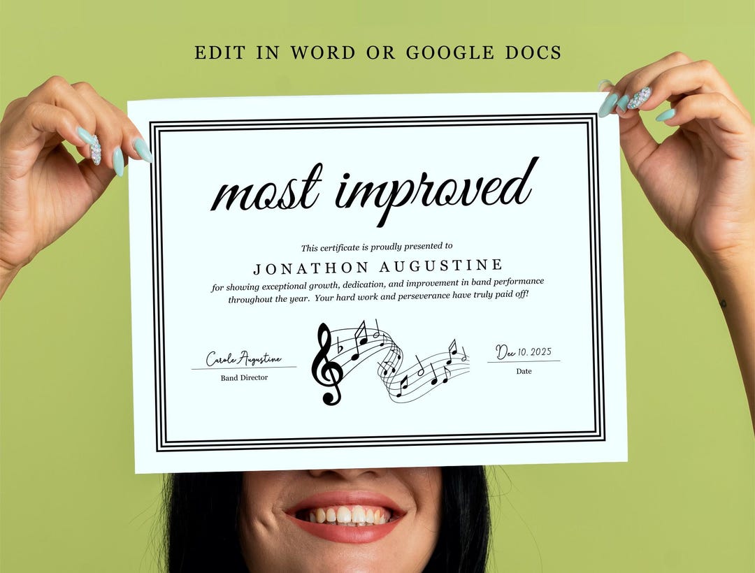 Band or Choir Award Certificate Template, Printable Editable File for ...