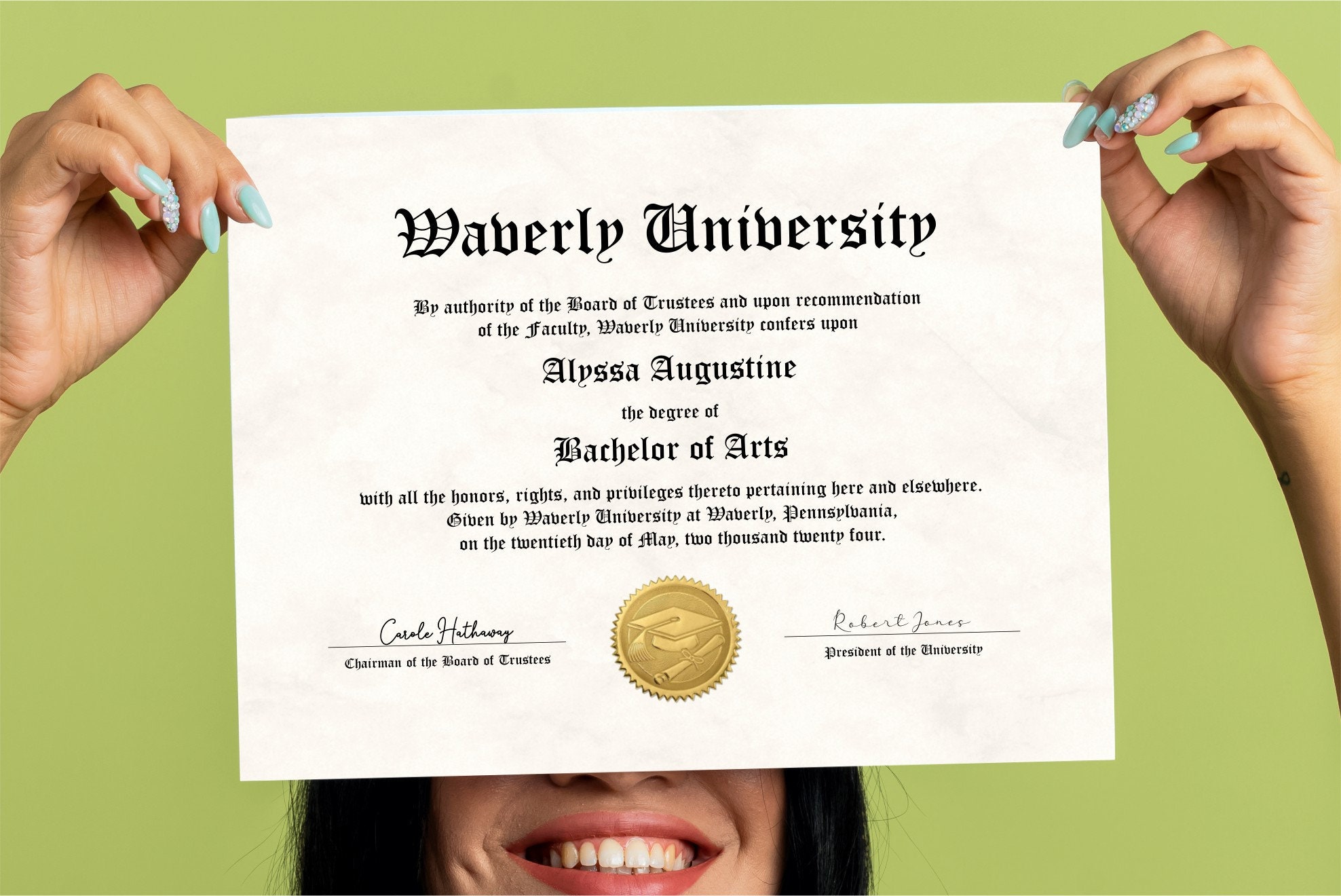 Fake College Diploma with Gold Seal, Printable Customized University ...