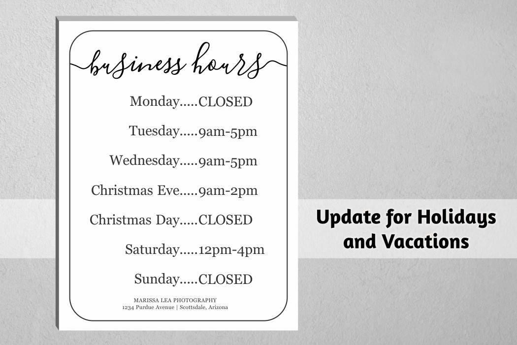Business Hours Sign Printable Template Hours Of Operation Holiday 