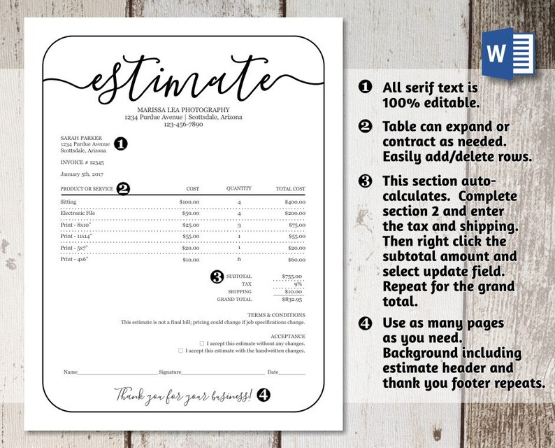 Printable Estimate Template - Price Quote, Work Proposal, Business Form ...