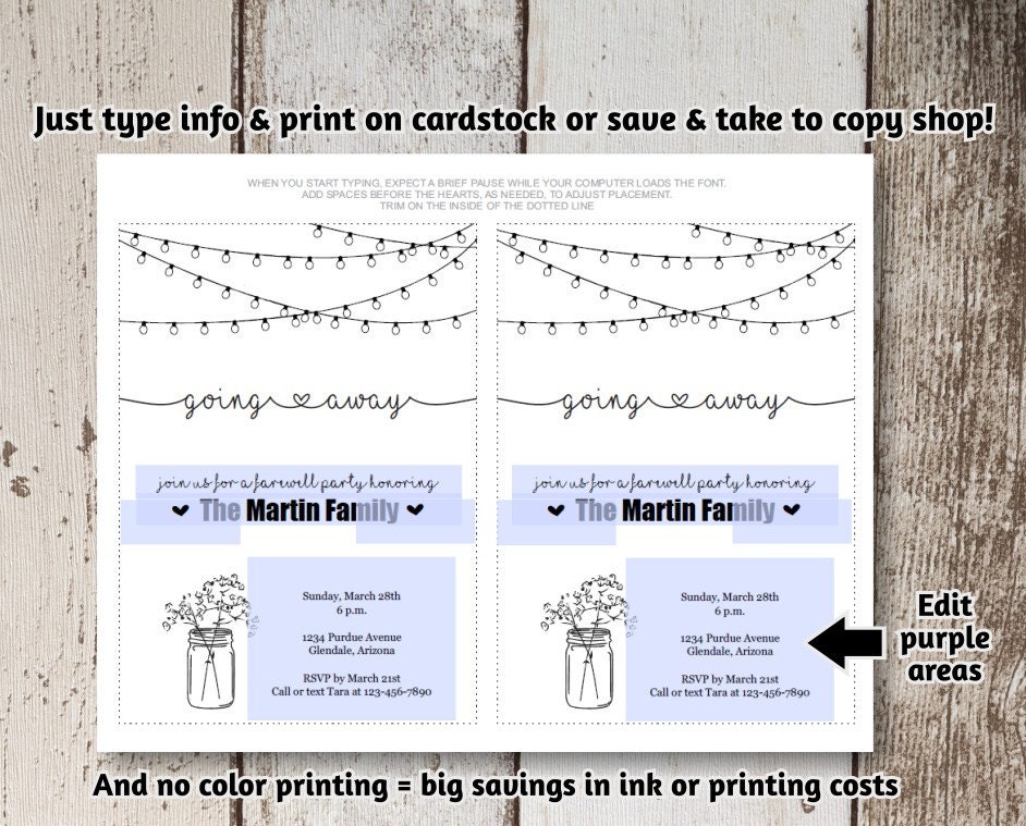 Going Away Party Invitation Printable Template - Rustic Mason Jar ...