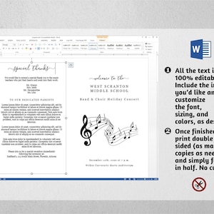 Choir or Band Concert Program Template, Printable Pamphlet, Editable ...