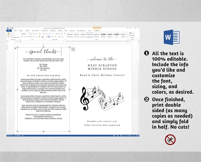 Choir or Band Concert Program Template, Printable Pamphlet, Editable ...