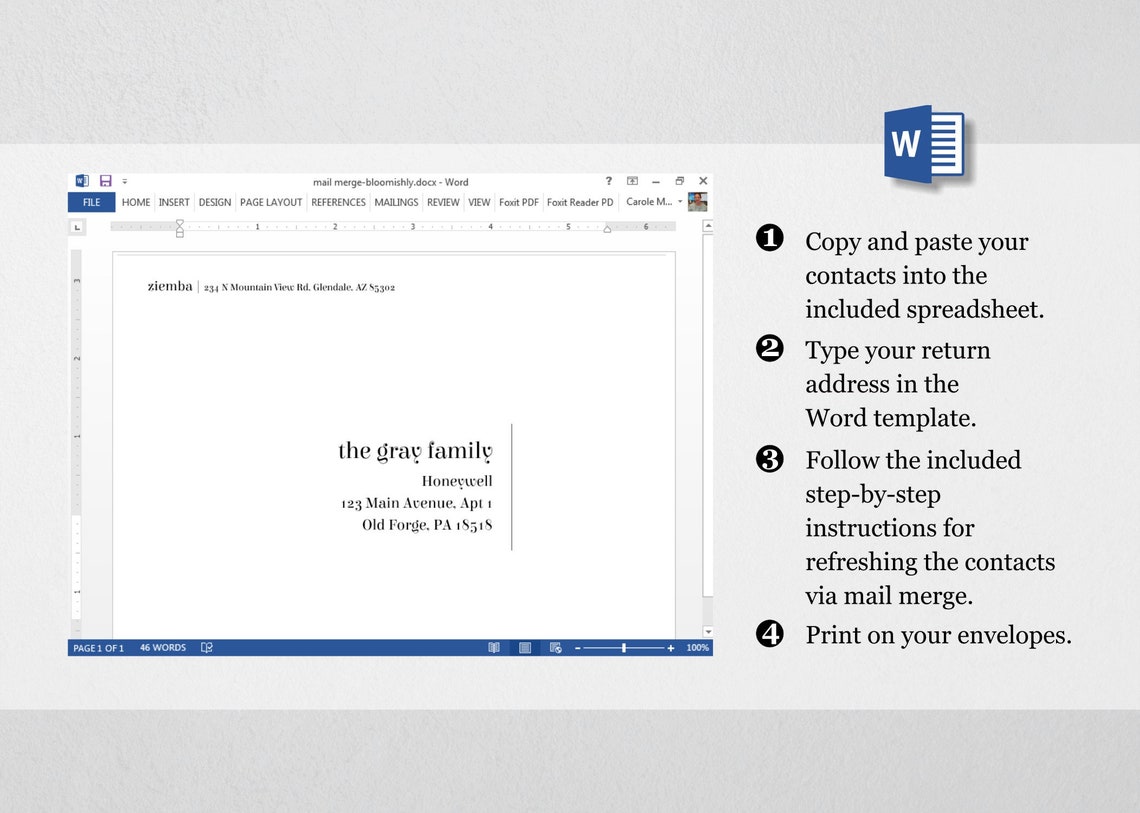 Mail Merge Address Template for Envelopes Microsoft Word - Etsy