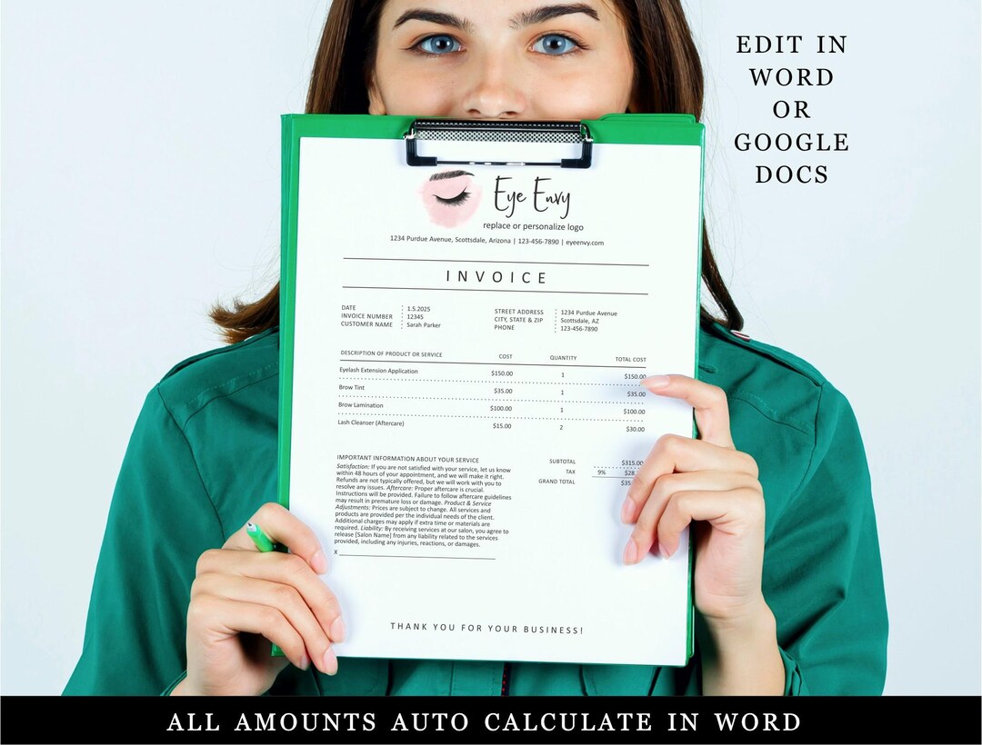 Lash and Brow Invoice Template, Printable Salon Receipt for Microsoft ...
