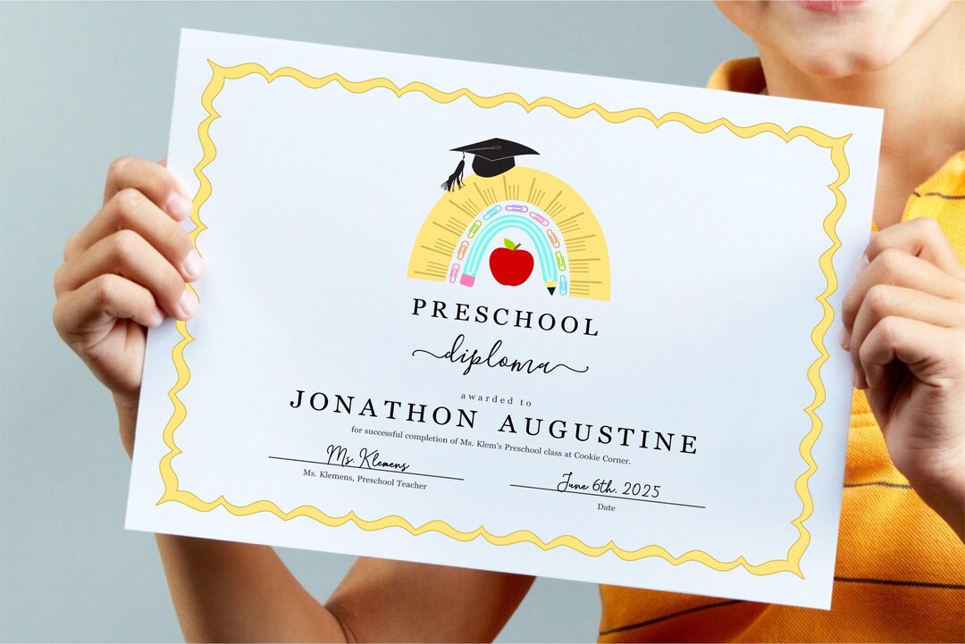 Preschool Kindergarten Diploma Template, NO CUTTING, Printable ...