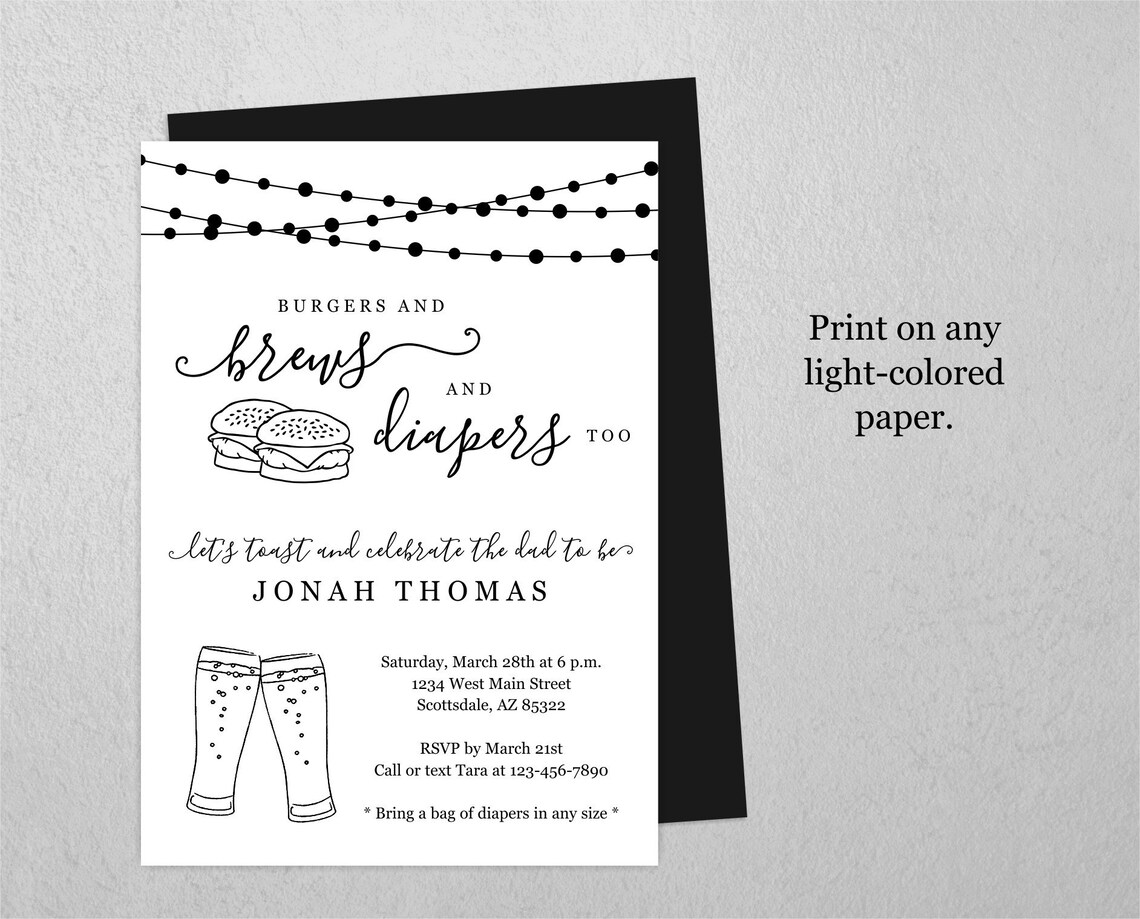 Burgers and Brews Diapers Too Invitation Template, Printable Daddy Guy ...
