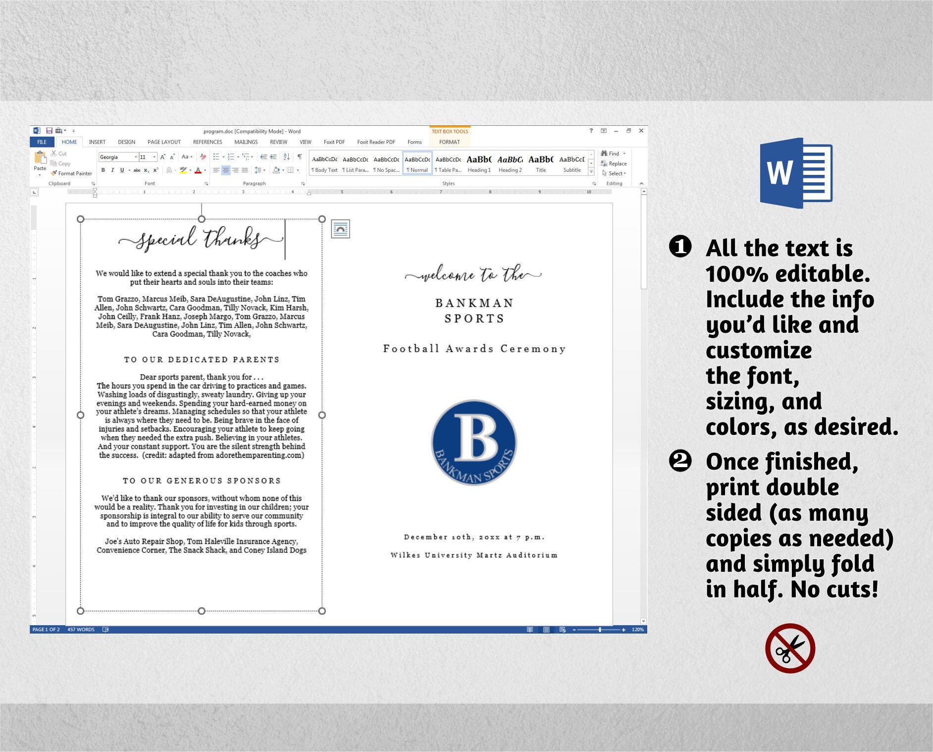 Sports Award Banquet Program Template Printable Football Softball 