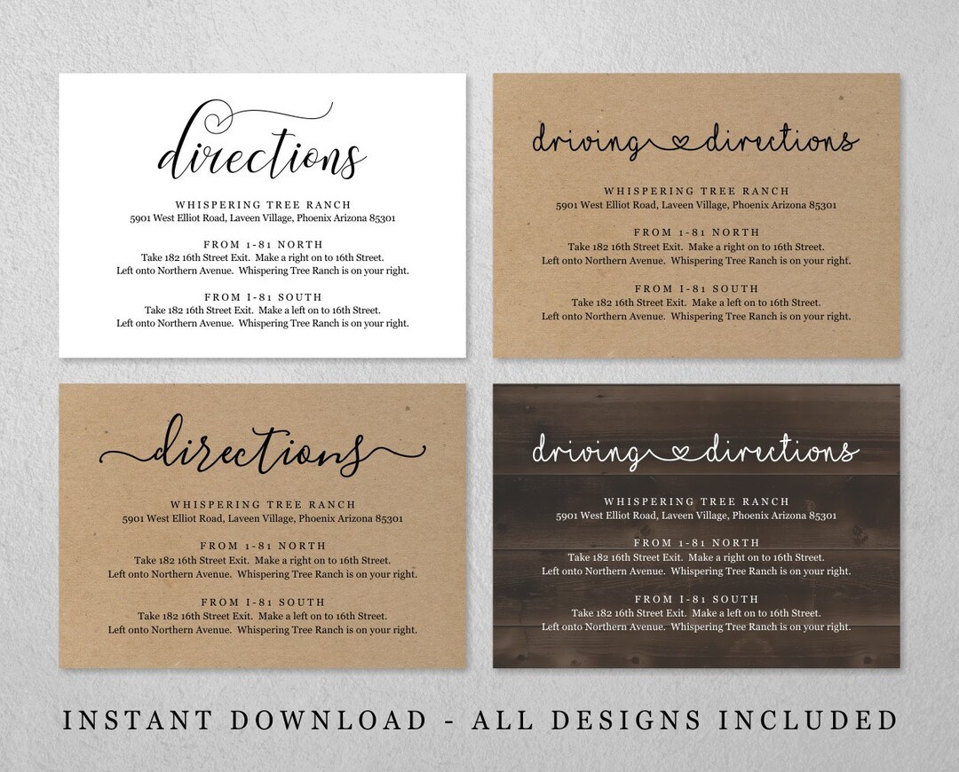 Directions Card Template - Printable Wedding Direction Enclosure Insert ...